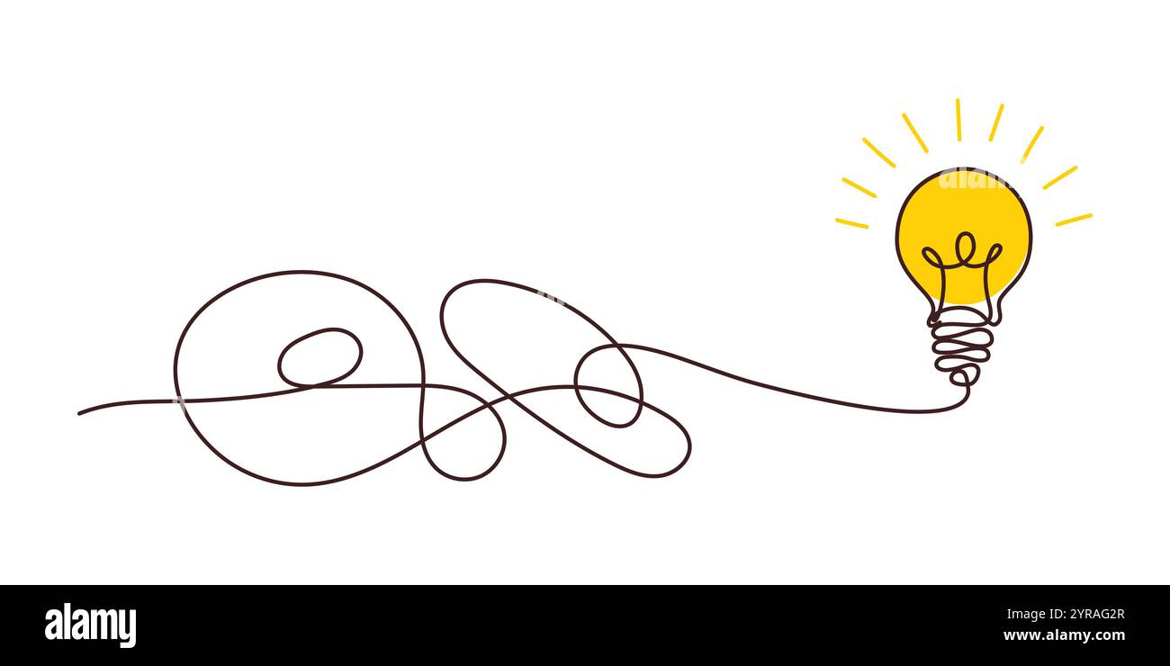 Solution concept of chaos in thoughts with hanging light bulbs with one glowing. Complex problem ...