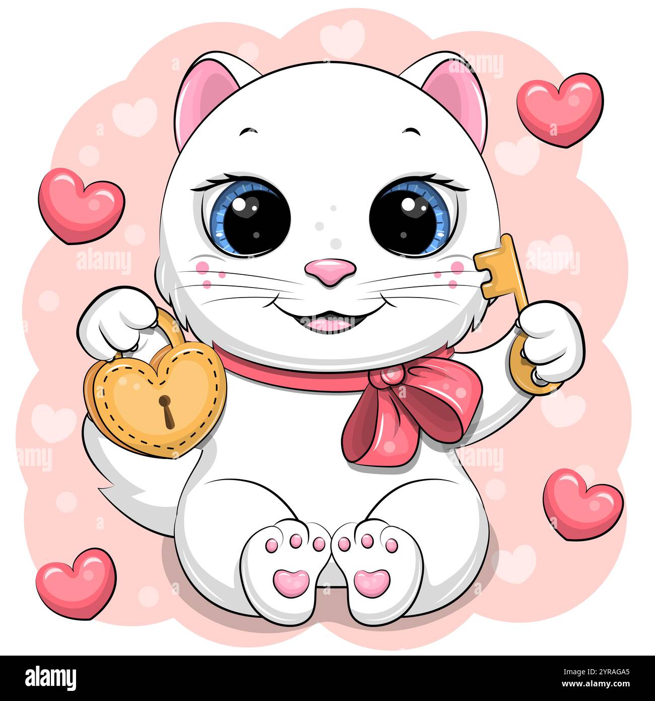 Cute cartoon white cat with lock and key. Vector illustration of an ...