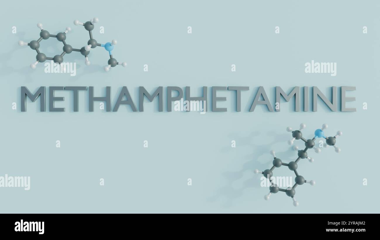 Molecular structure of Methamphetamine, a stimulant drug; 3d rendering ...
