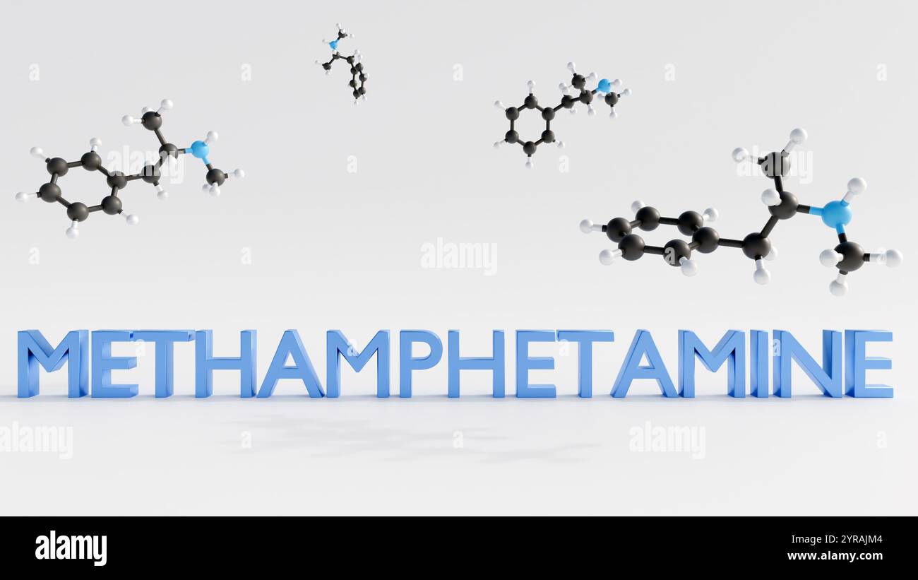 Molecular structure of Methamphetamine, a stimulant drug; 3d rendering ...
