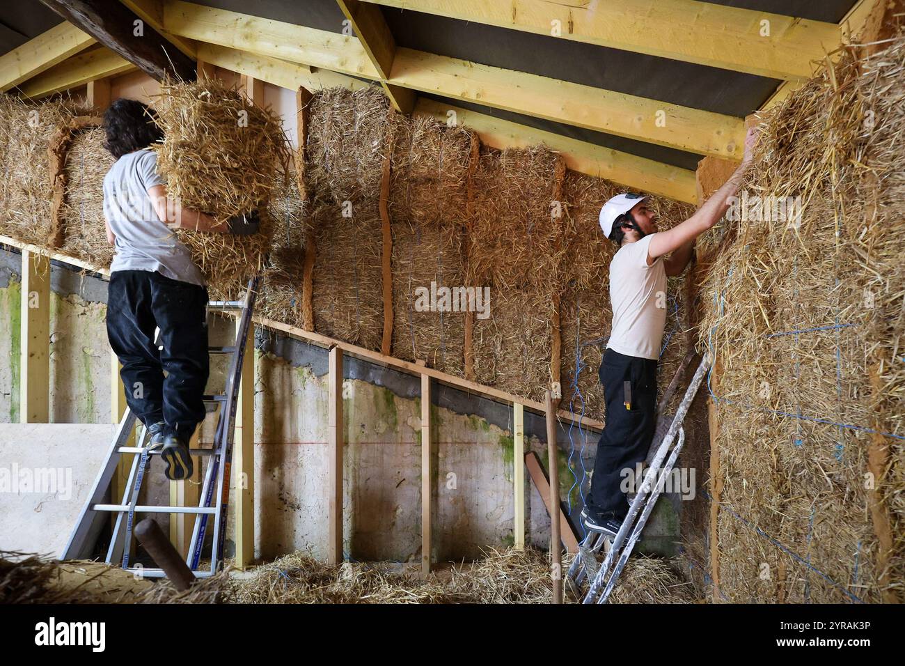Thermal insulation of a house with straw *** Local Caption *** Stock ...