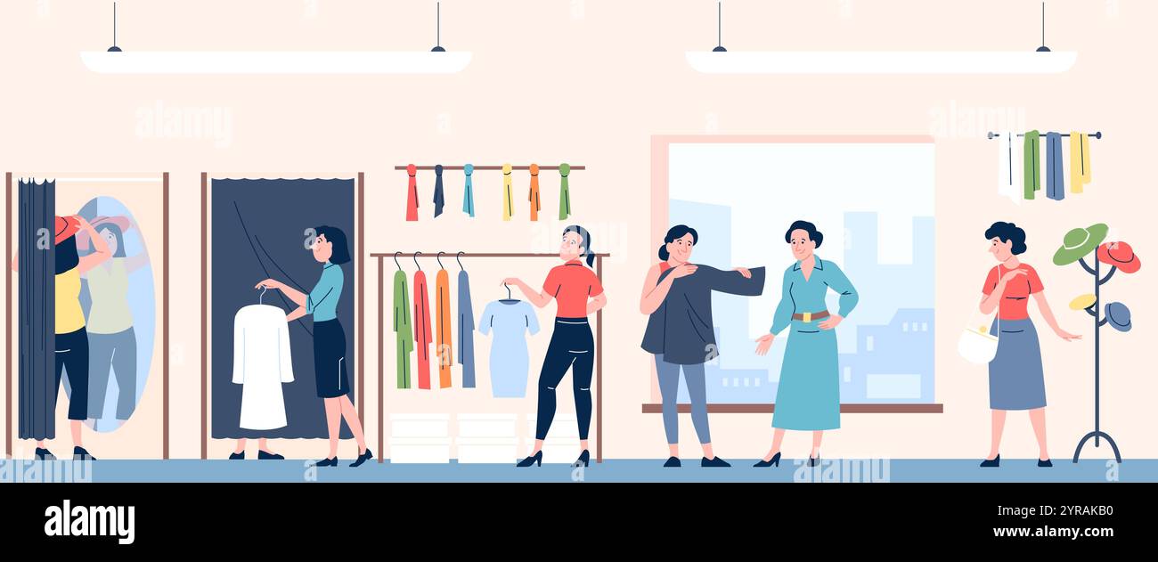 People in boutique. Female characters in clothes store, choose ...