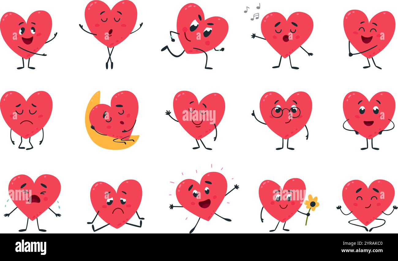 Cute cartoon hearts. Love romantic symbols with various emotions. Red ...