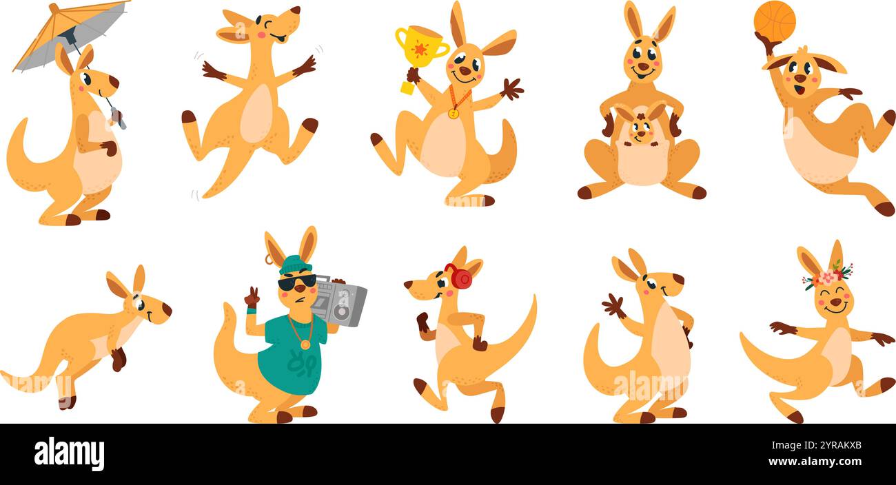 Cute cartoon kangaroo. Happy kangaroo characters, australian marsupial ...