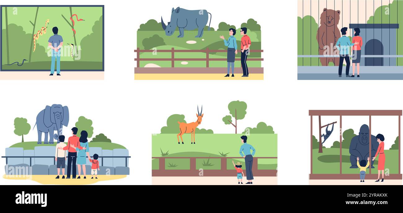 Zoo landscape set. Happy children and parents looking on wild animals ...