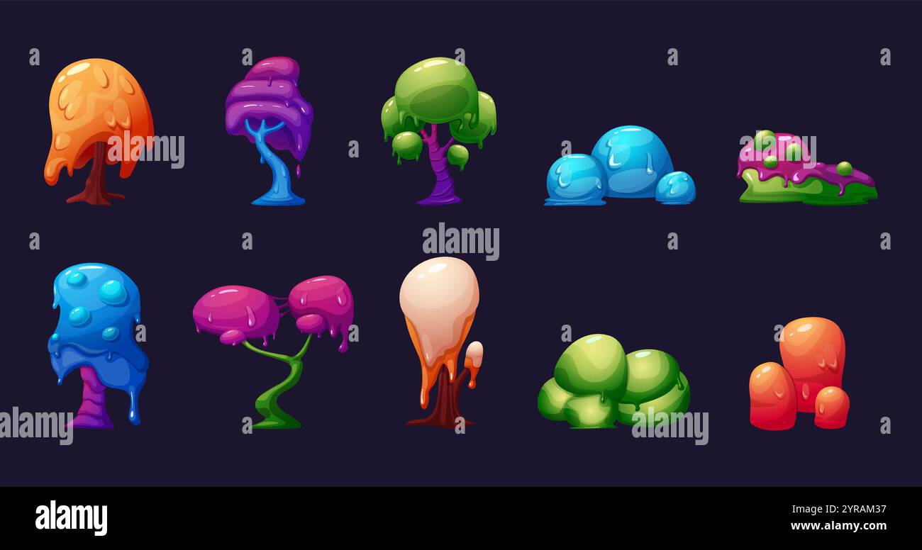 Cartoon fantasy tree. Vibrant slime plants, trees and bushes. Alien ...