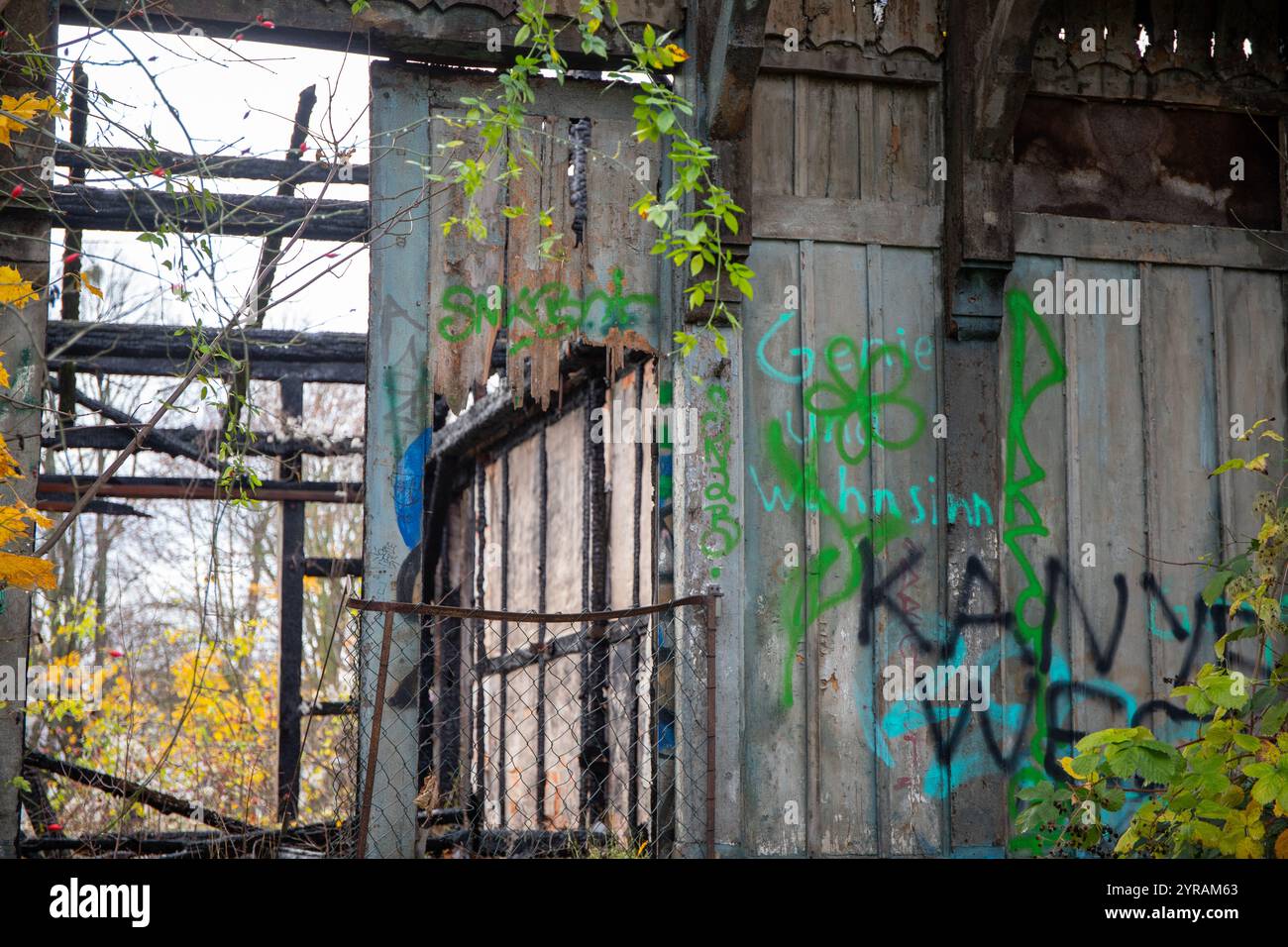 Old abandoned freight yard building with burn marks and vandalism Stock ...