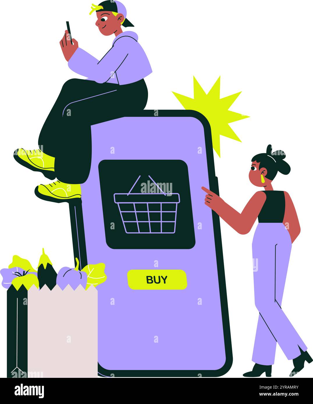 Online Shopping App With Male And Female Characters In Flat Vector ...