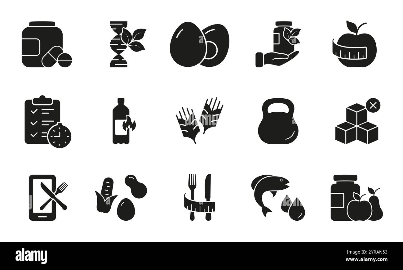 Nutrition and Wellness Silhouette Icon Set for Fitness and Diet ...