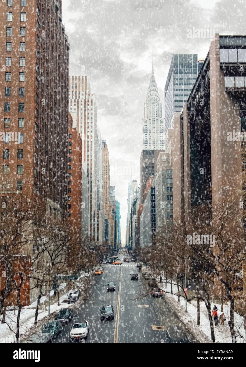 Snowy winter scene on 42tn street in the Midtown East neighborhood of ...