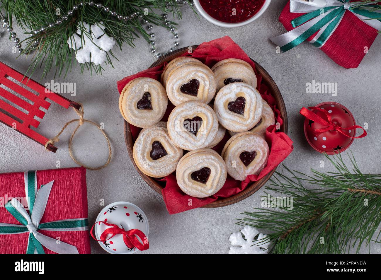 Christmas or New Years shortcrust cookies with red jam. Traditional ...