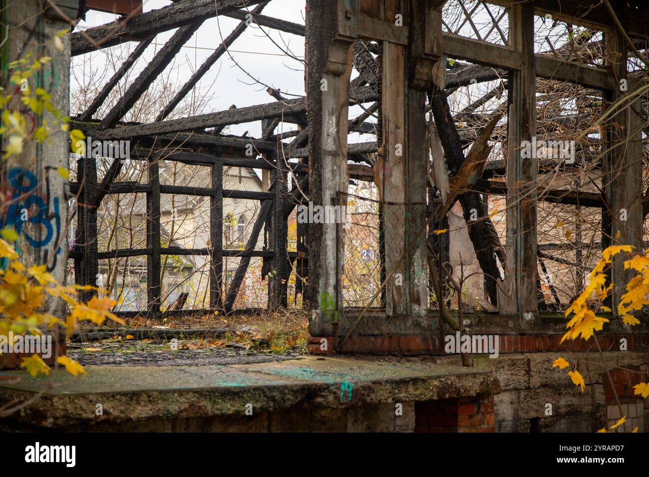 Old abandoned freight yard building with burn marks and vandalism Stock ...