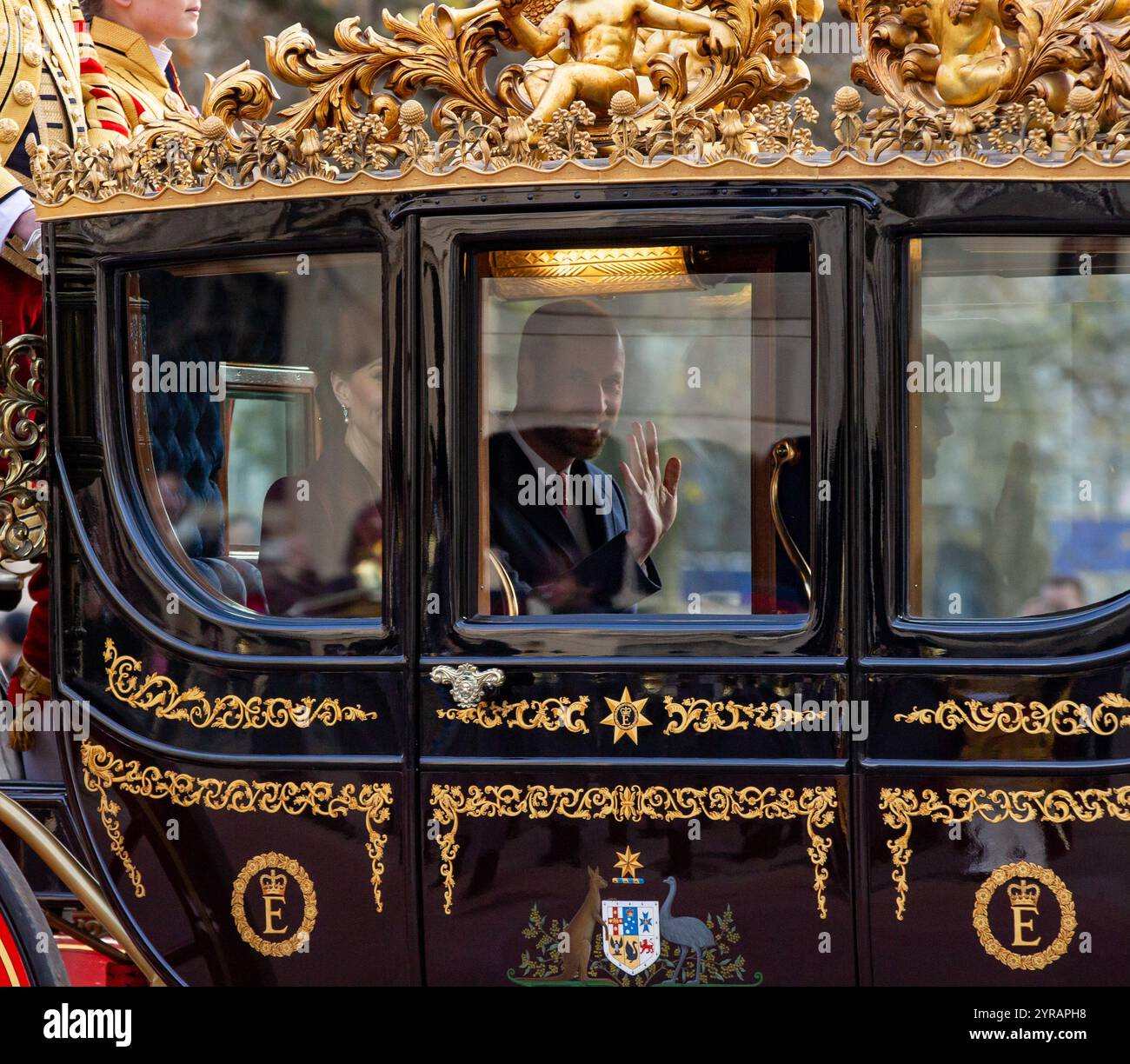 London, UK. 3rd Dec, 2024. The Prince and Princess of Wales ride in a ...