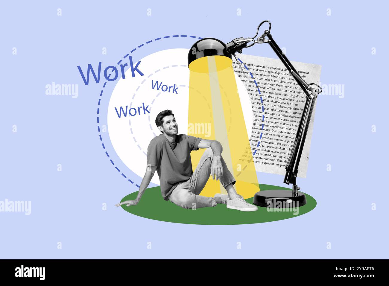 Composite photo collage of happy businessman sit workplace light ray ...