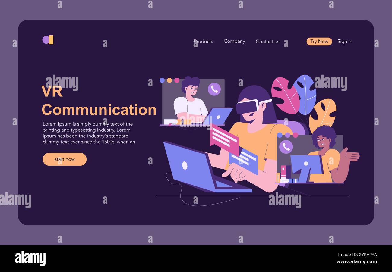 Immersive Reality concept. User engages in VR communication with virtual interface and online ...