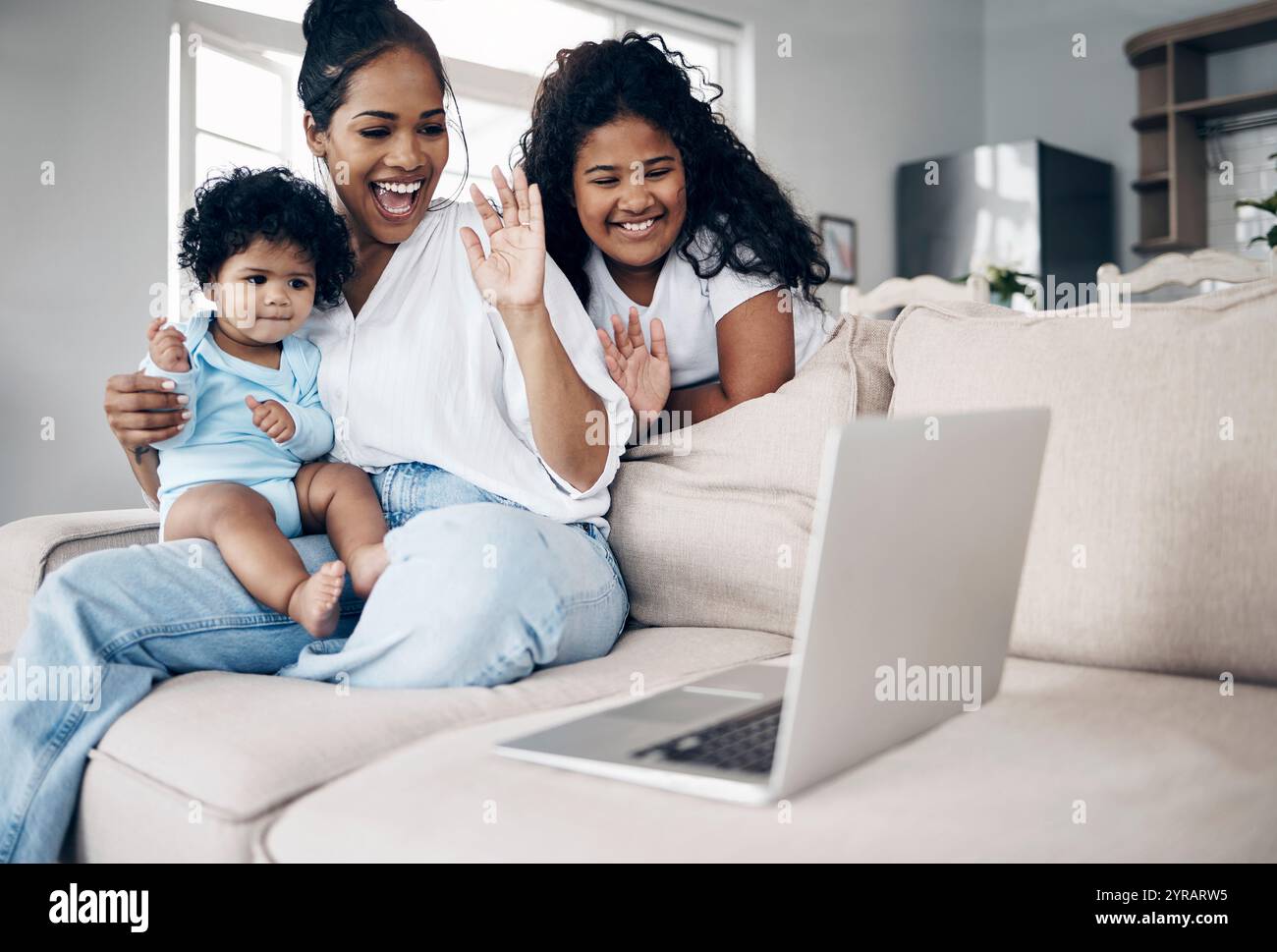 Mom, children waving and laptop in home, video call and online for ...