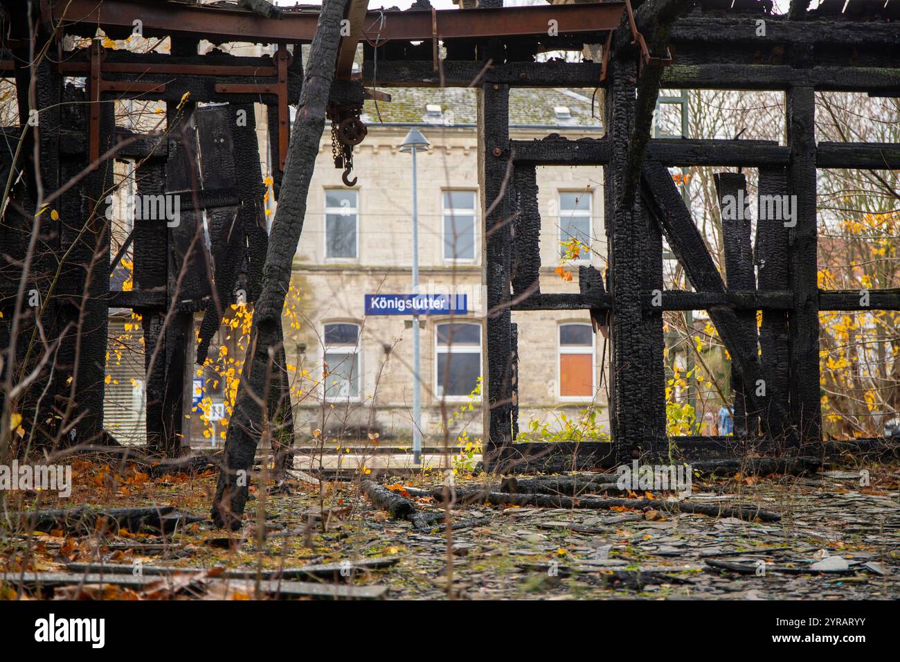 Old abandoned freight yard building with burn marks and vandalism Stock ...