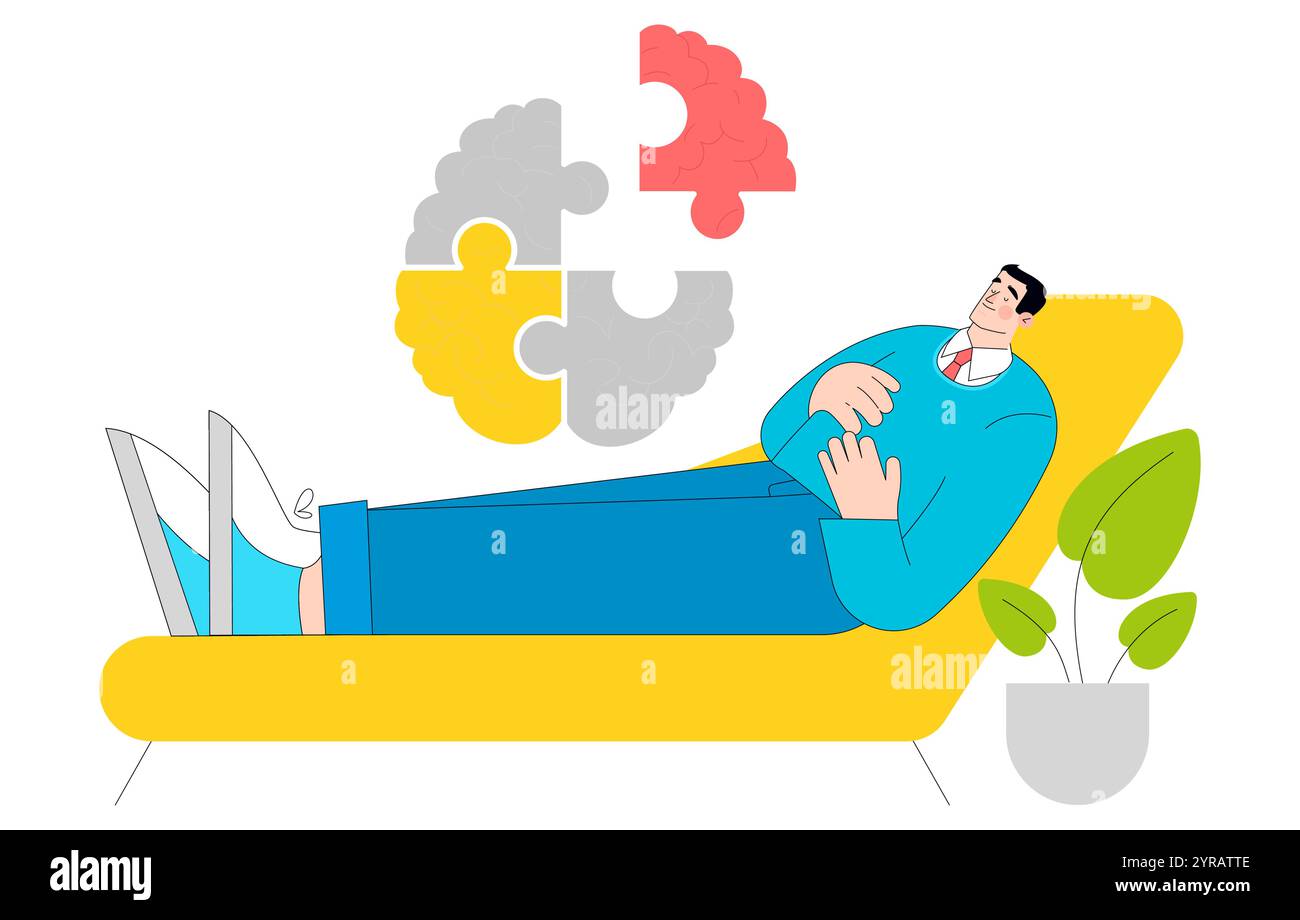 Problem-solving concept. Businessman reclines, contemplating a puzzle ...