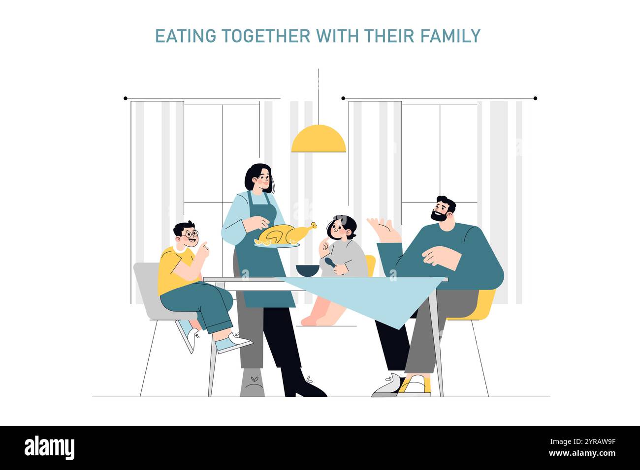 Family mealtime concept. A warm scene of four family members enjoying a ...