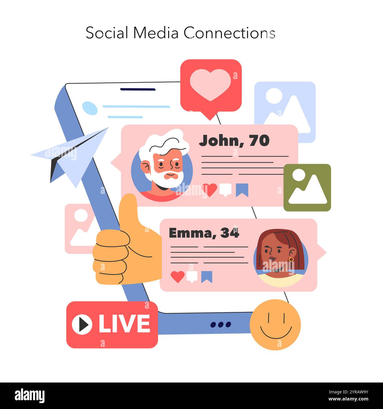 Social Media Connections concept. Networking through online interactions. Profiles, likes, and ...