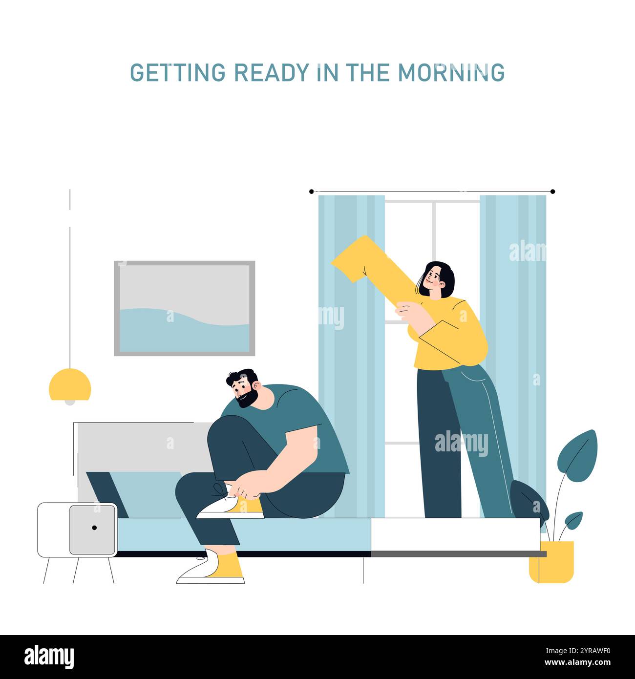 Morning routine concept. Two individuals getting ready for their day in ...