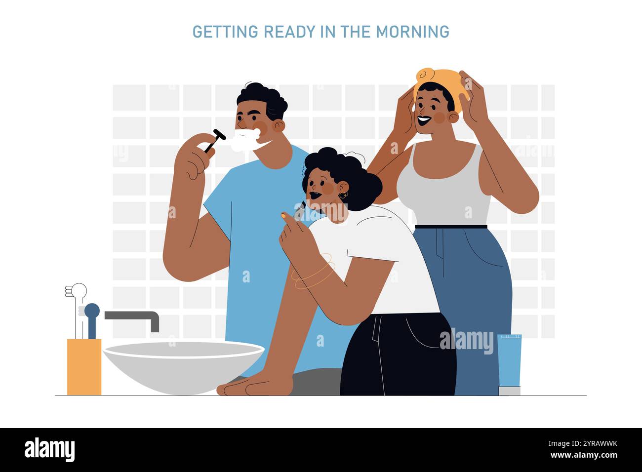 Family morning routine concept. Illustration depicts individuals ...