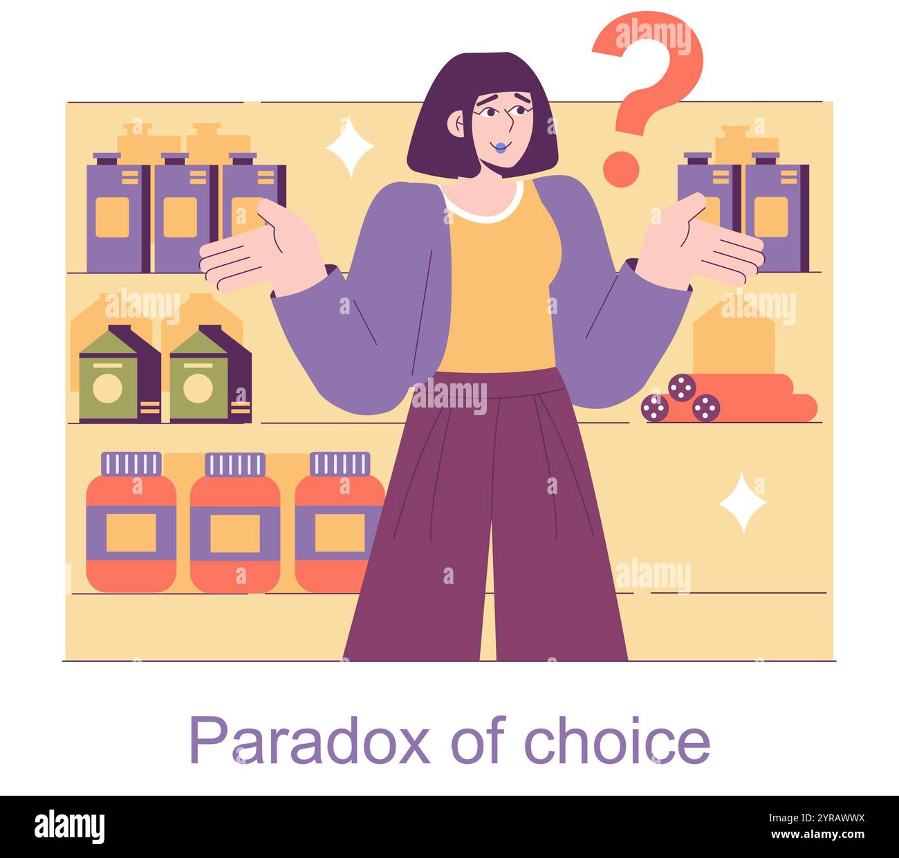 Behavioral Economics concept. A woman faces the paradox of choice among ...