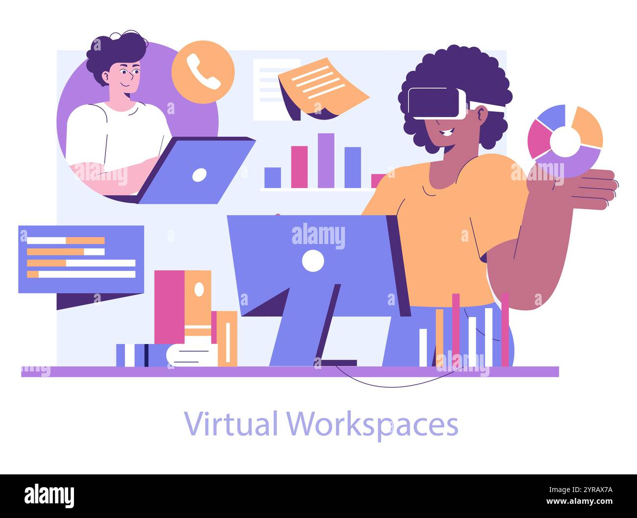 Immersive Reality concept. Professionals engaging in virtual workspaces ...