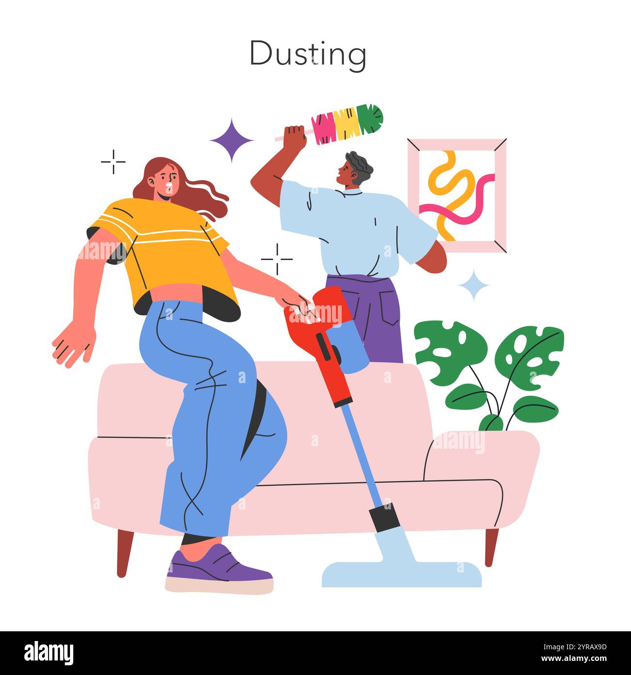House Cleaning concept. Two people engage in dusting and vacuuming ...