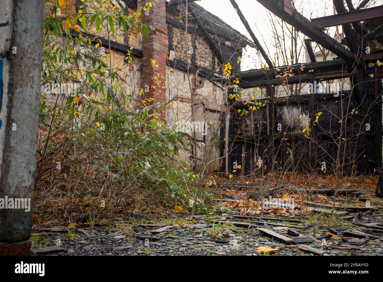 Old abandoned freight yard building with burn marks and vandalism Stock ...