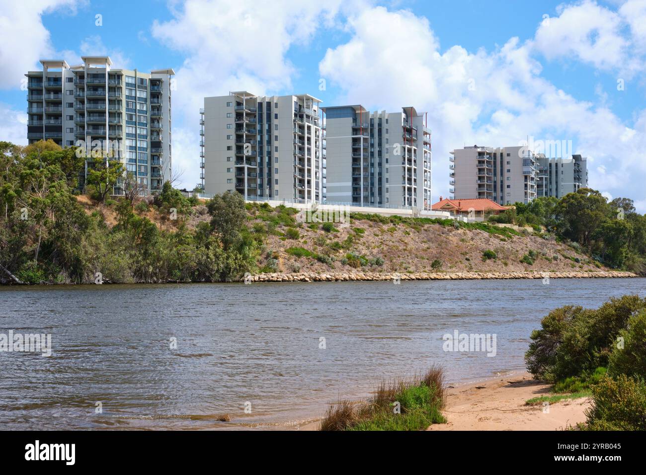 Apartment towers in the riverside suburb of Rivervale by the Swan River ...