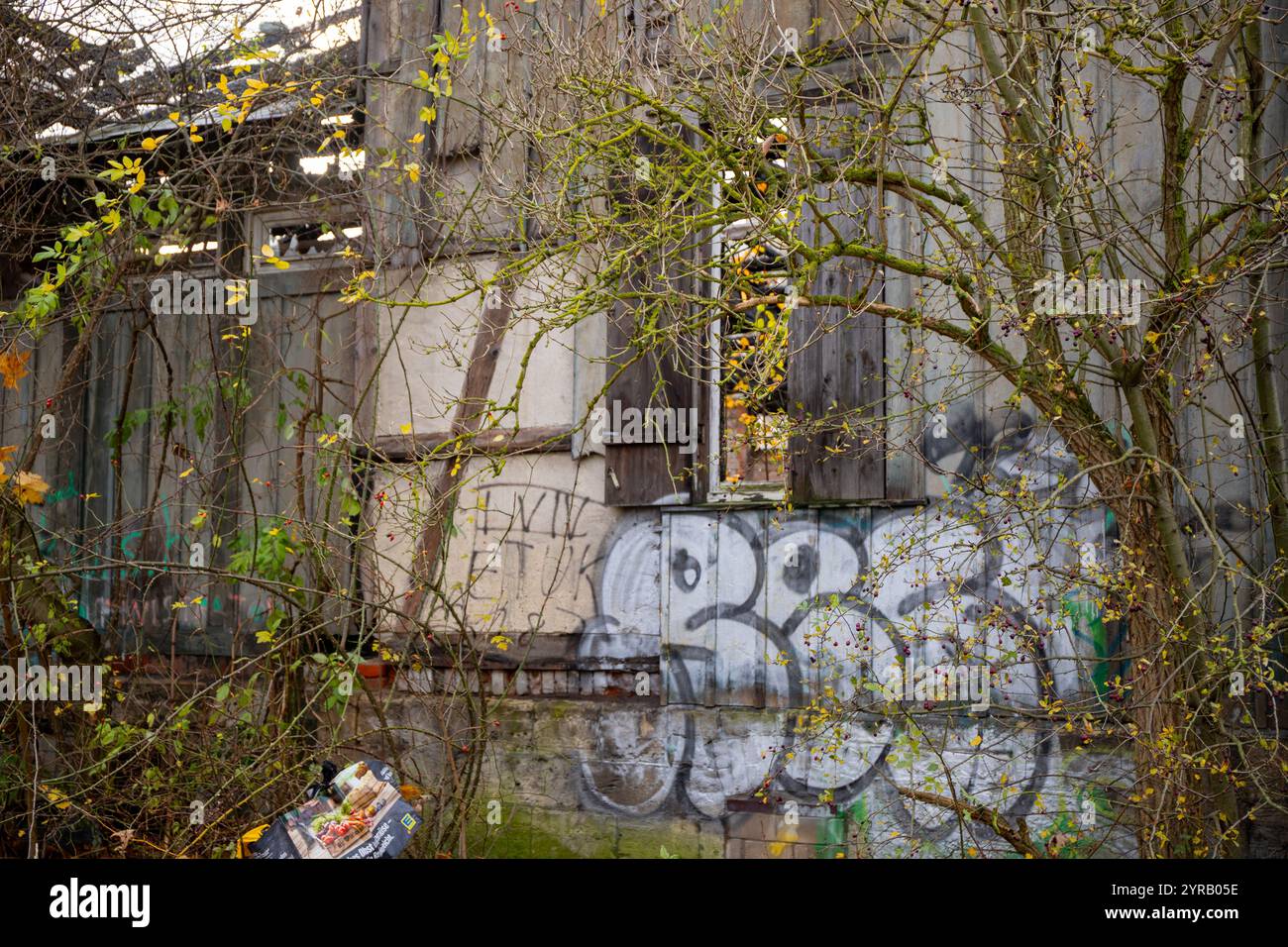 Old abandoned freight yard building with burn marks and vandalism Stock ...