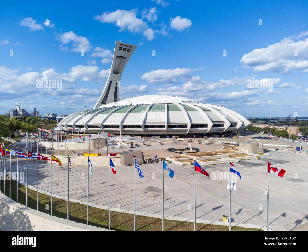Aerial view of the Montreal Olympic Stadium (The Big O) with flags of ...