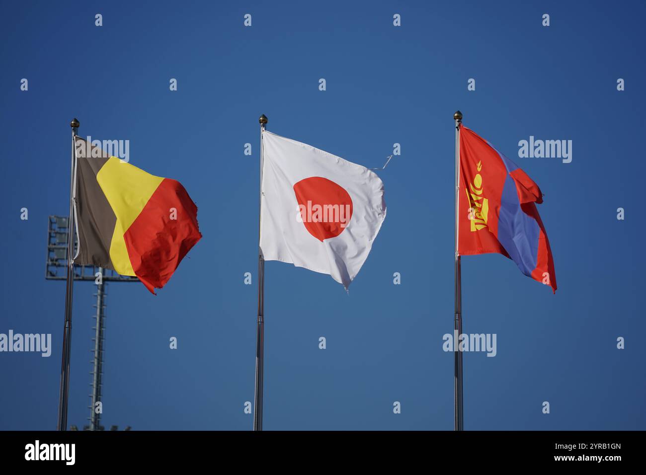 Japanese flag and world flags with the stadium in the background Stock ...