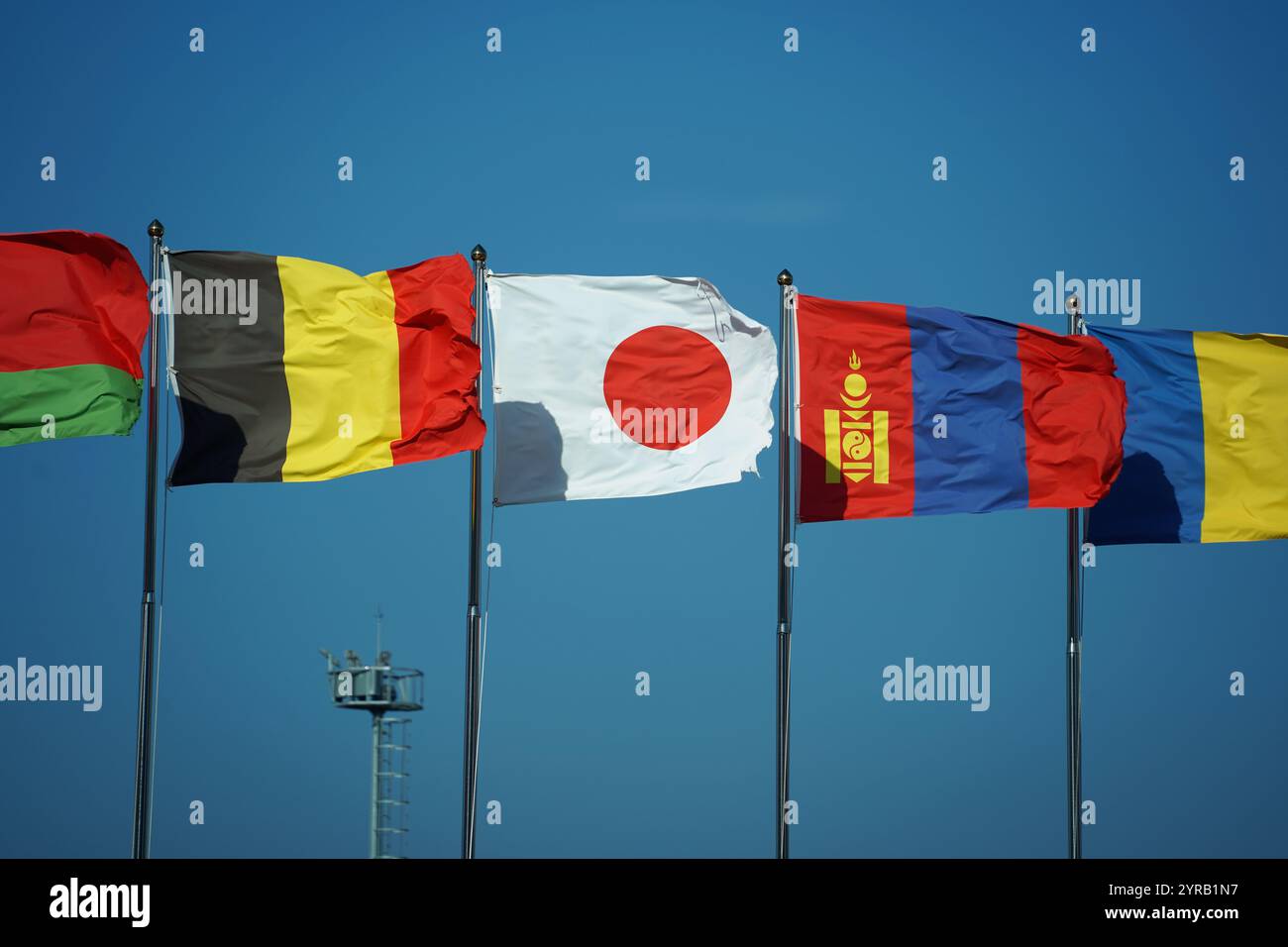 Japanese flag and world flags with the stadium in the background Stock ...