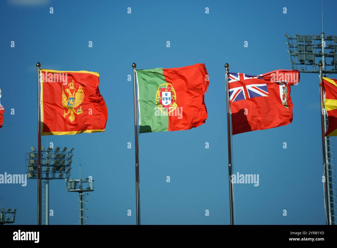 Portuguese and international flags fluttering in the stadium Stock ...