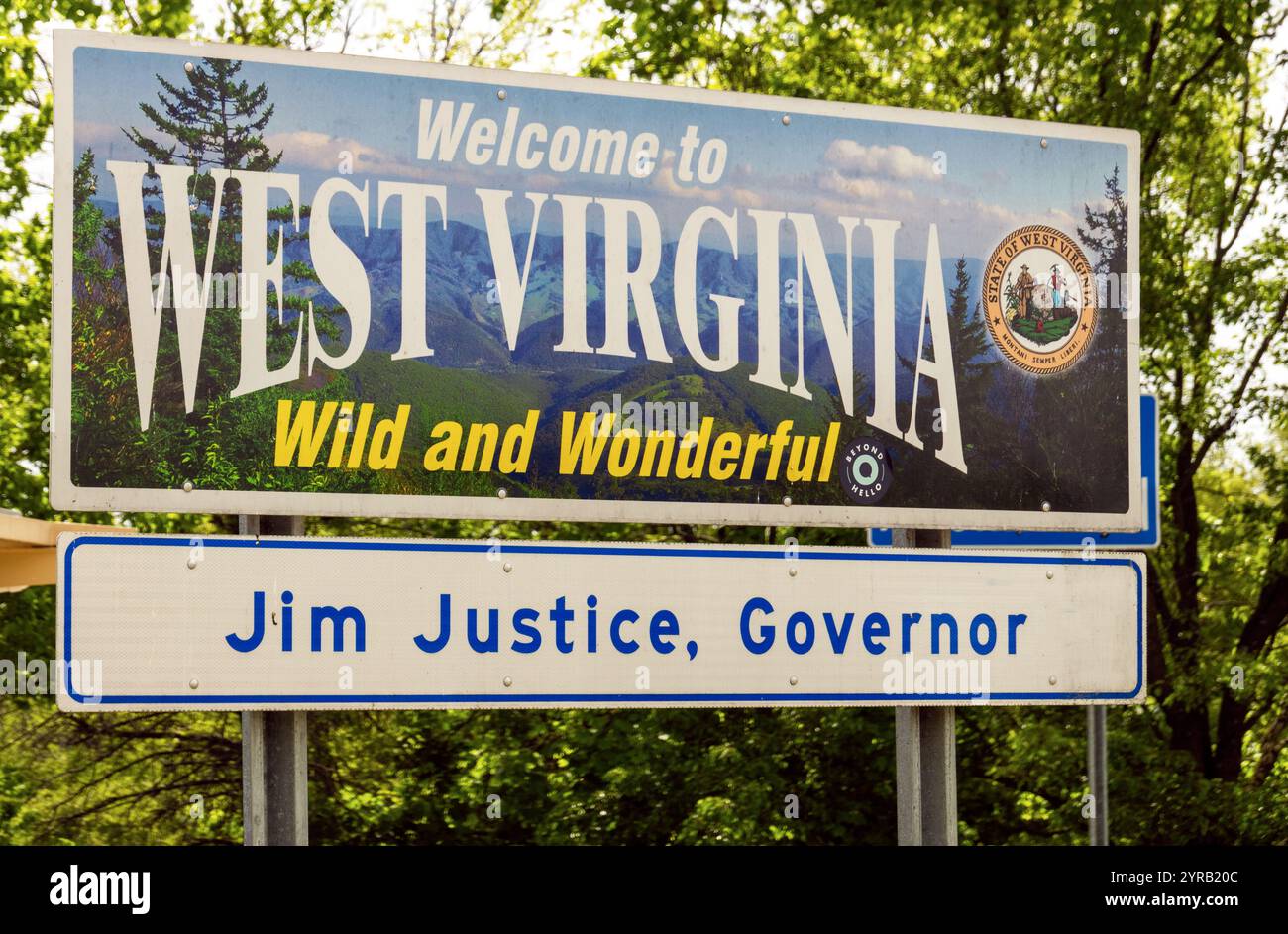 Welcome to West Virginia rest area sign along the highway in the US ...