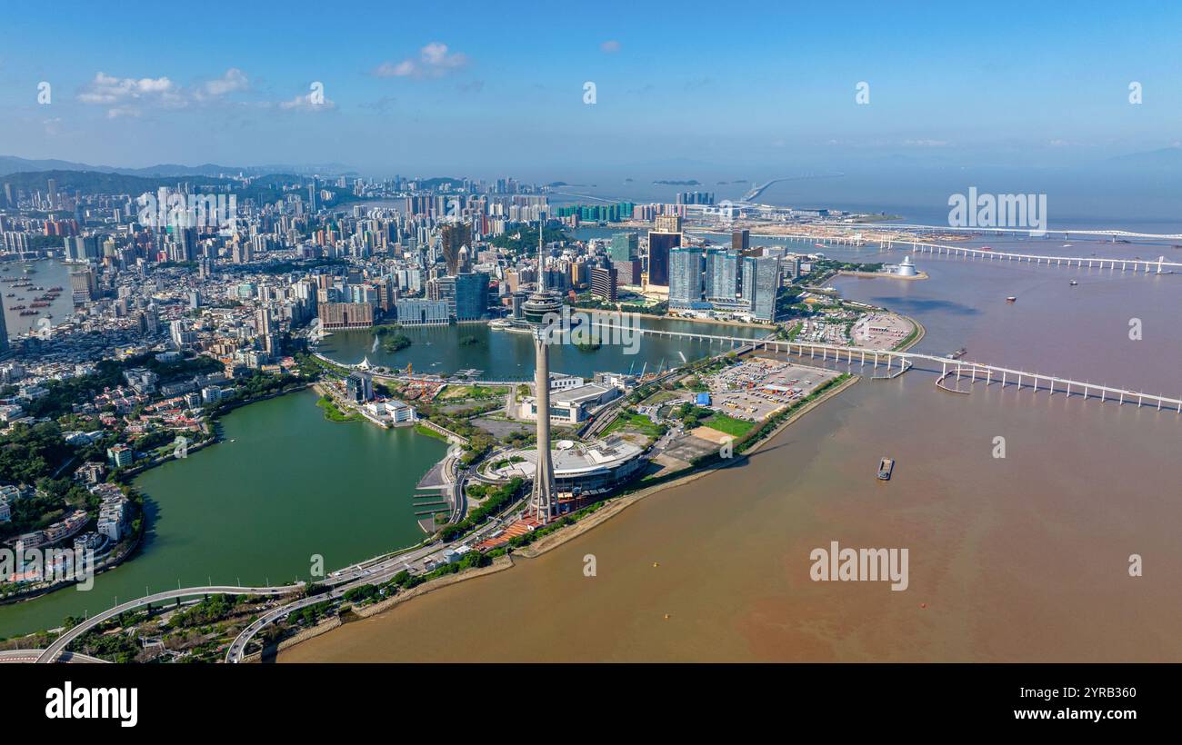 Macao. 3rd Aug, 2024. An aerial drone photo shows a view of Macao ...
