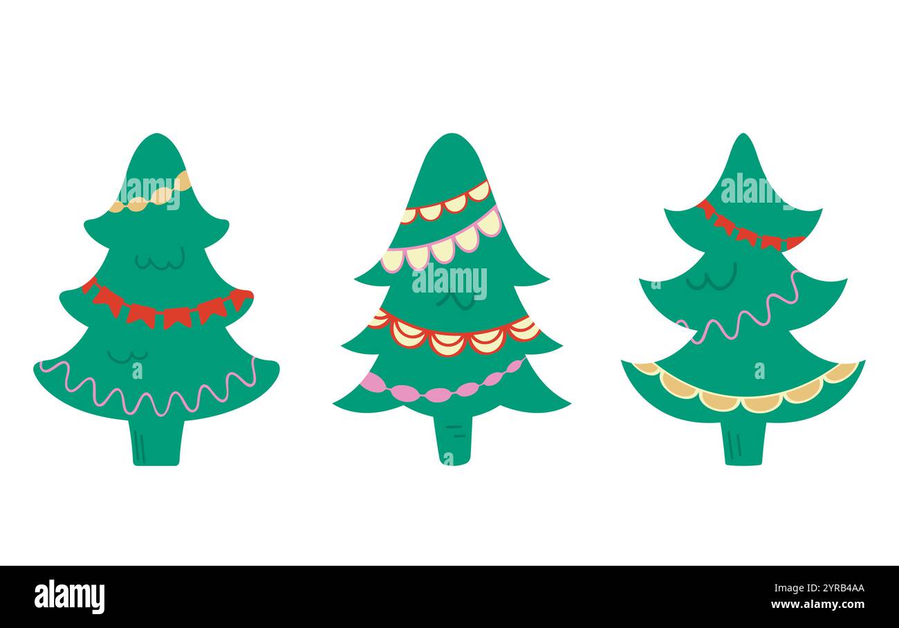 Christmas Eve Tree Silhouette Icon Set. Cartoon decorative garland ...