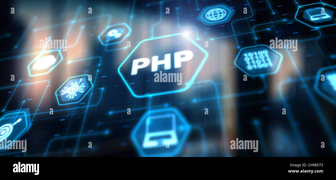 Technical background PHP inscription. Network internet concept Stock Photo - Alamy