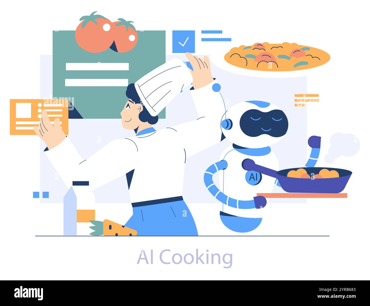 AI Cooking concept. A cheerful chef collaborating with a robot to ...