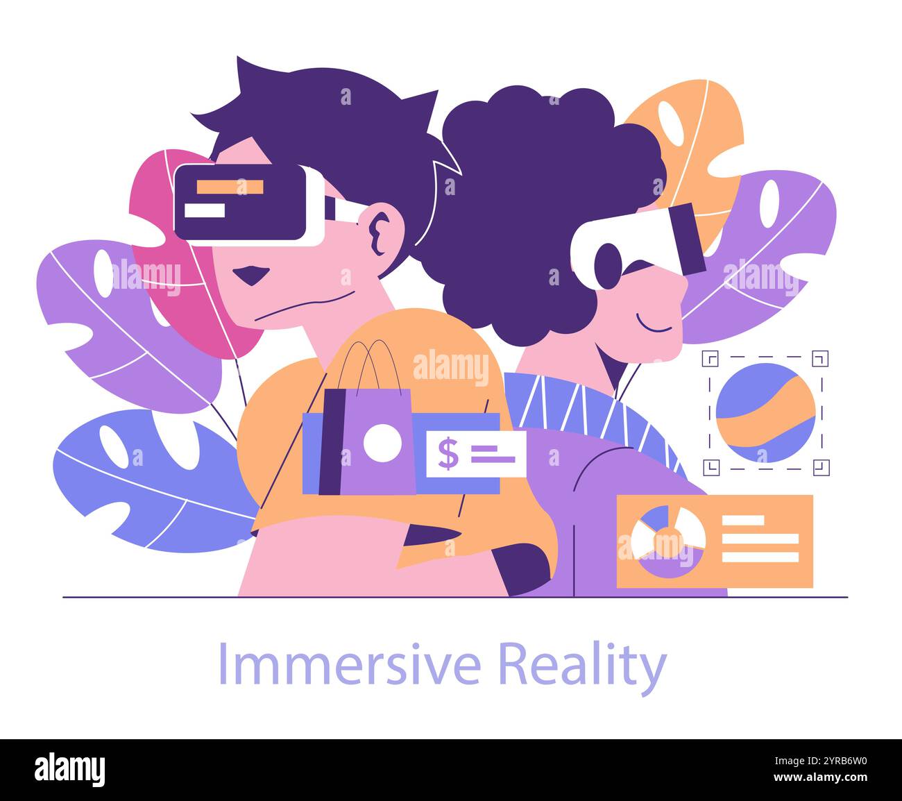 Immersive Reality concept. Users with VR headsets explore virtual ...