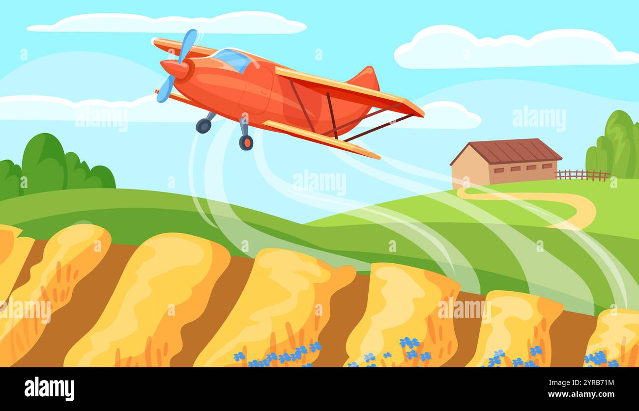 Crop duster. Farm airplane spraying corn field chemicals pesticides ...