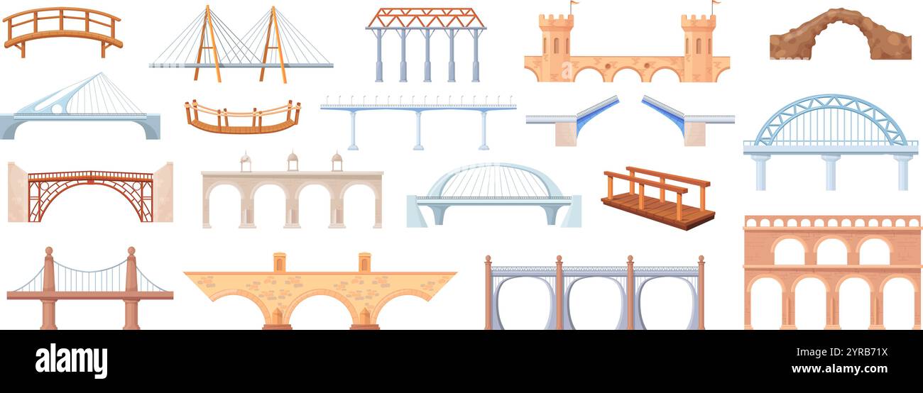 Cartoon bridges architecture. Modern river bridge concrete iron ...