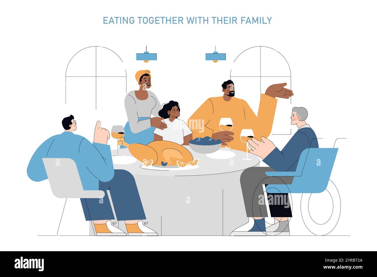 Family mealtime concept. Diverse members gather around the dining table ...