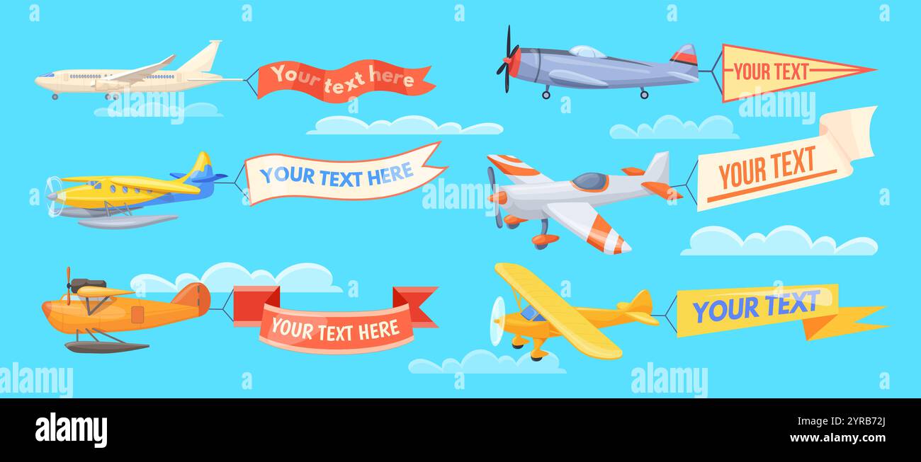 Airplanes with ribbons. Plane with flag banner, aeroplane pull ribbon ...