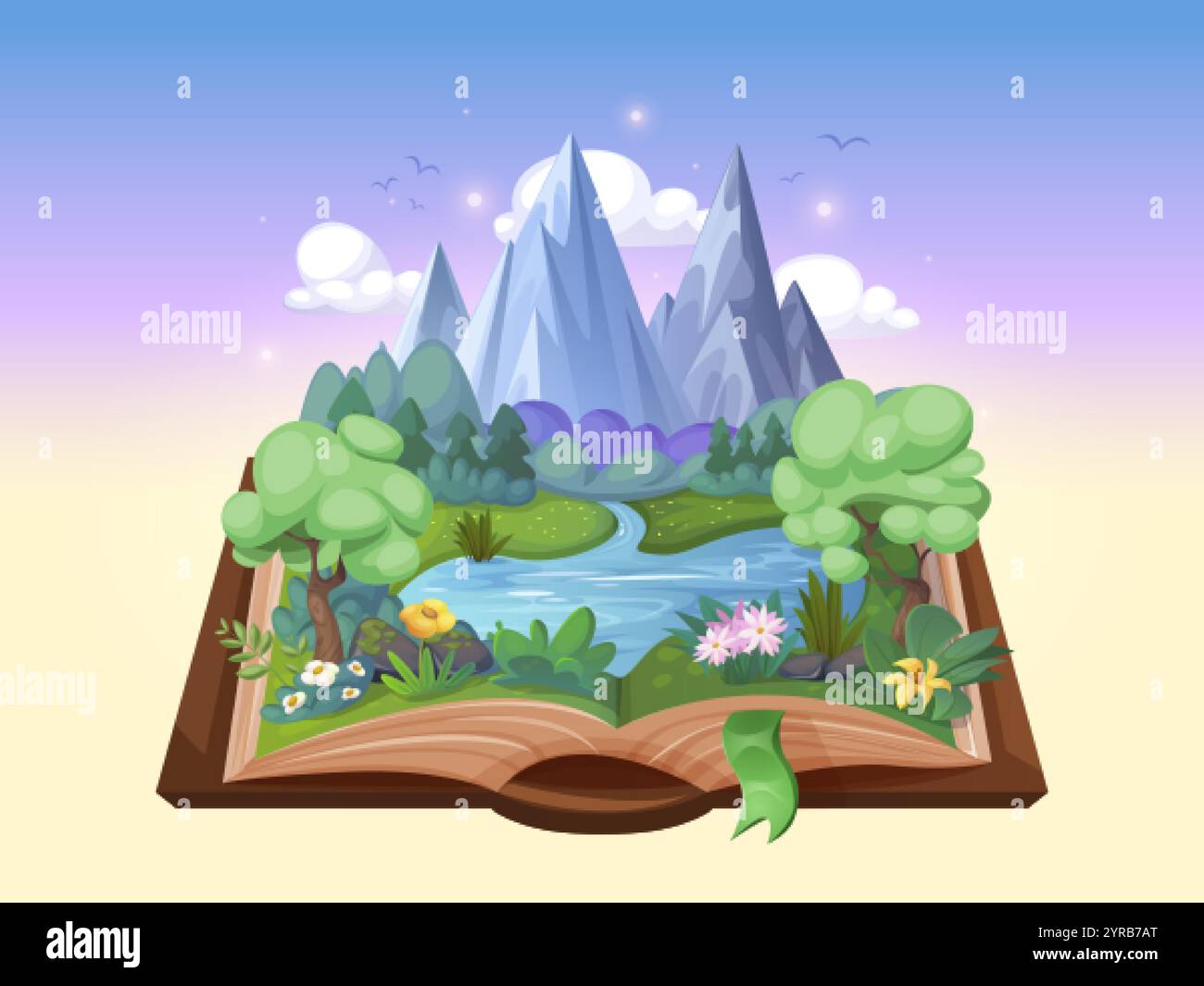 Forest in open book. Cartoon magic books with nature landscape scene ...