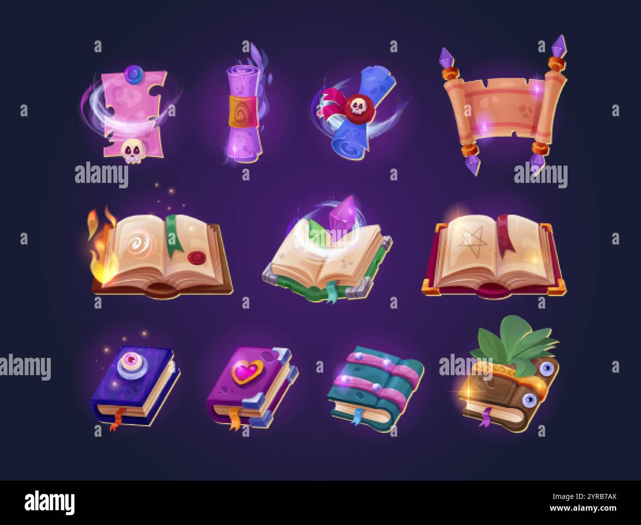 Magic book parchments. Fairy papyrus magical scroll and wizard spell ...