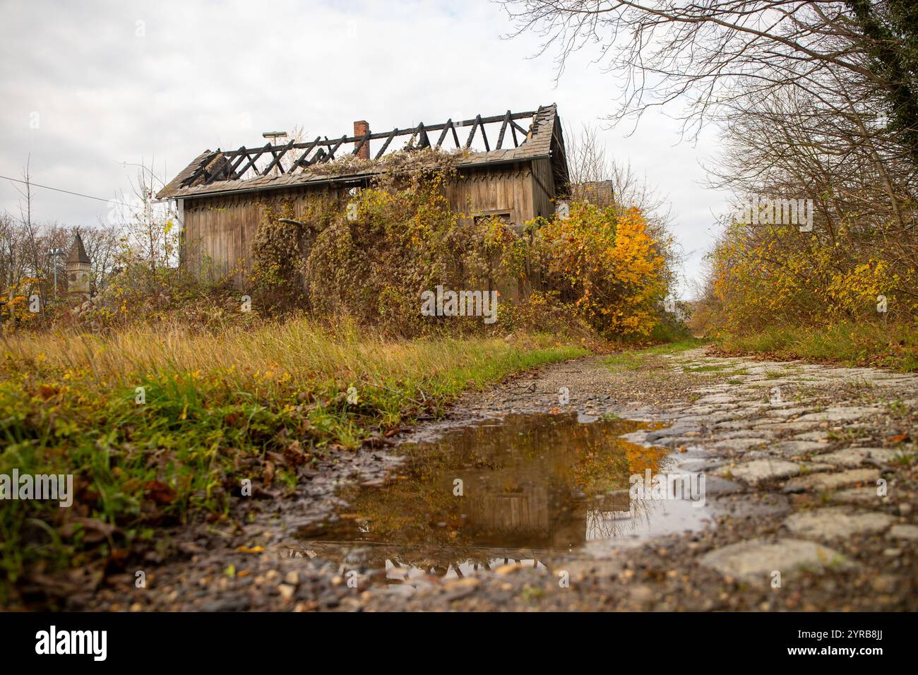 Old abandoned freight yard building with burn marks and vandalism Stock ...