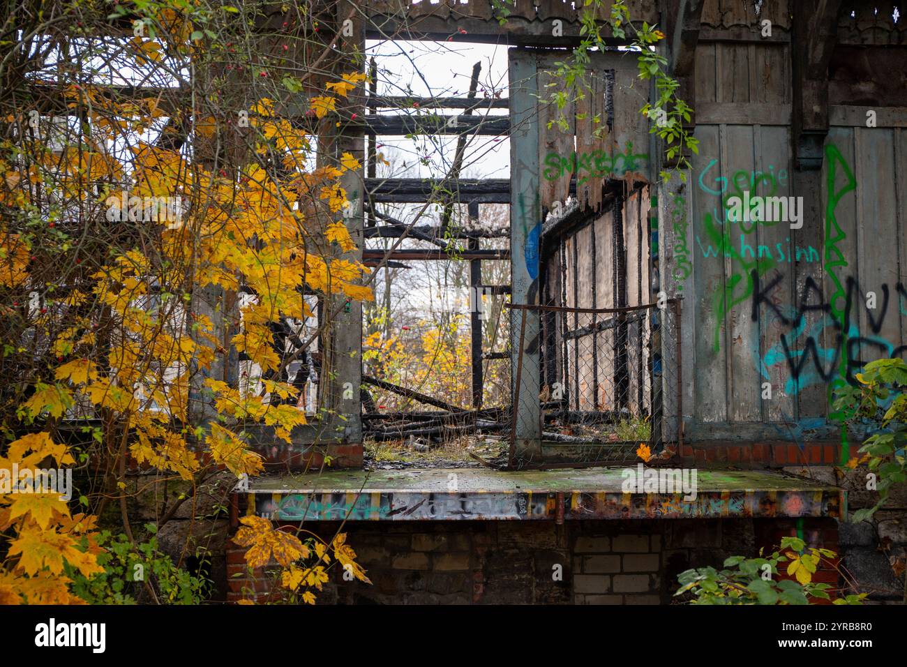 Old abandoned freight yard building with burn marks and vandalism Stock ...